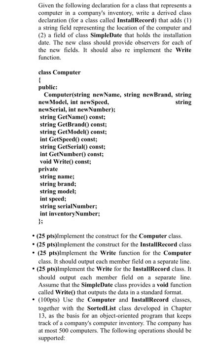 Solved Given The Following Declaration For A Class That