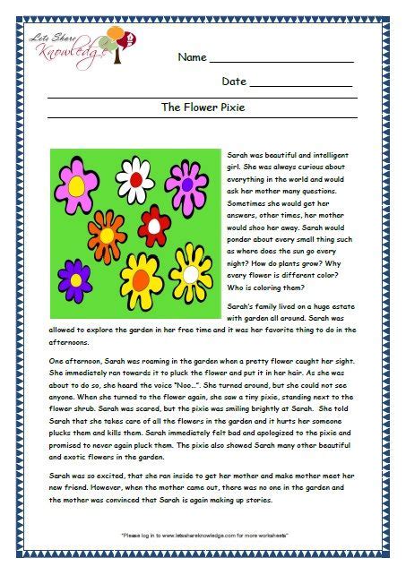 7 Flower Pixie Format Grade 3 Comprehension Worksheet Comprehension Comprehension Worksheets
