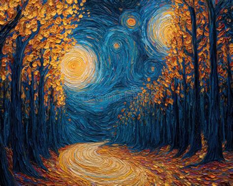 Vibrant Autumn Forest Scene Inspired By Van Goghs Style Stock Illustration Illustration Of