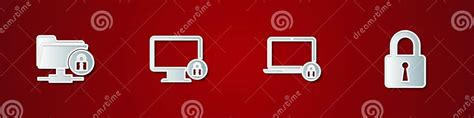 Set Ftp Folder And Lock Lock On Monitor Laptop And Icon Vector Stock