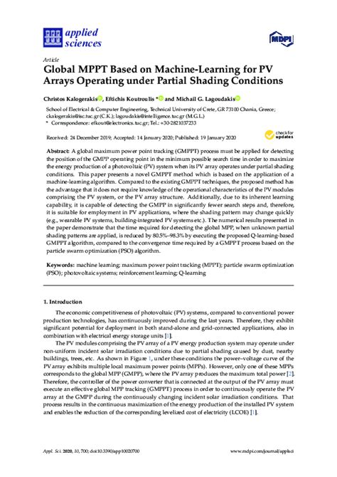 Pdf Global Mppt Based On Machine Learning For Pv Arrays Operating Under Partial Shading Conditions