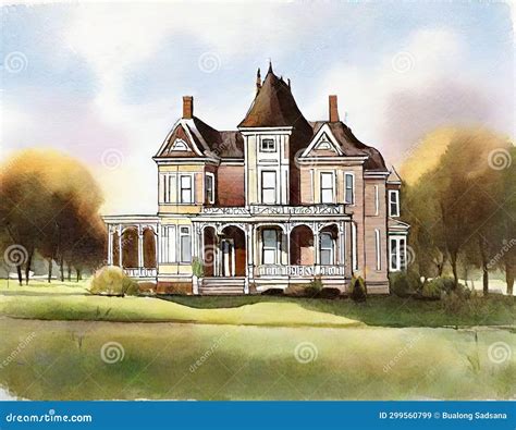 Watercolor Of Victorian House With Tower Stock Illustration