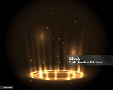 어두운 배경에 불꽃과 둥근 빛 황금 광선 밤 장면 빈 라이트 효과 연단 디스코 클럽 댄스 플로어 파티를 표시합니다 빔 스테이지 매직 판타지 포털 미래 지향적인 텔레포트