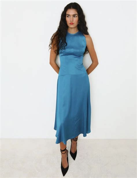 Blue Halter Cocktail Party Dress In Crepe Satin Invitadisima