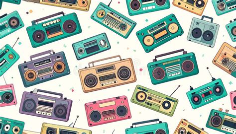 A Vibrant Pattern Of Retro Boomboxes And Cassette Players In Var Stock