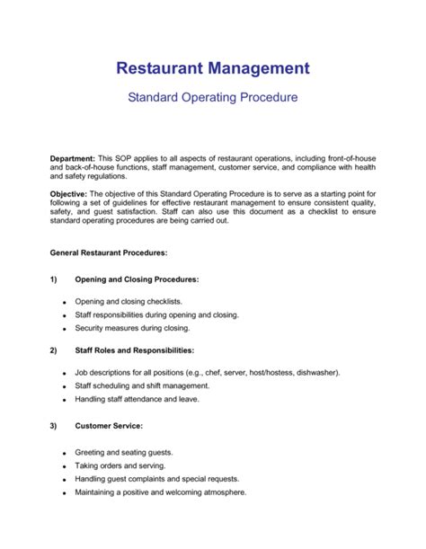 Restaurant Standard Operating Procedures Template