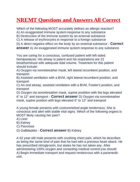 NREMT Questions And Answers All Correct Exams Nursing Docsity
