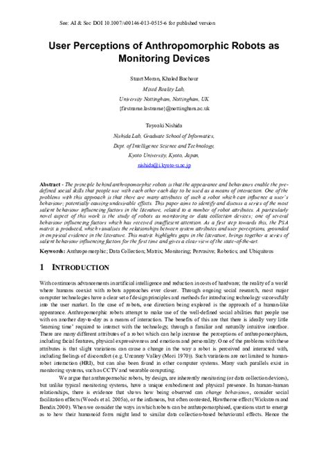 Pdf 2013 User Perceptions Of Anthropomorphic Robots As Monitoring