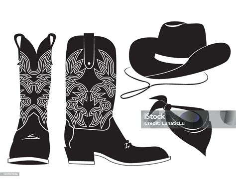 미국 카우보이 옷입니다 벡터 블랙 그래픽 일러스트 의 웨스턴 부츠 카우보이 모자 와 반다나 고립 에 화이트 로데오에 대한 스톡 벡터 아트 및 기타 이미지 Istock