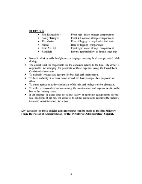 Church Bus Usage Policies And Procedures In Word And Pdf Formats Page