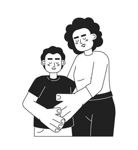 어머니는 초반 아들 단색 평면 벡터 문자를 껴안고 있습니다 부드러운 양육 다정한 엄마 편집 가능한 얇은 선 반신 흰색 위에