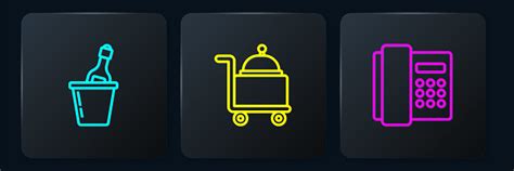 얼음 양동이에 샴페인을 넣고 전화 핸드셋을 놓고 트레이로 덮습니다 검은색 사각형 버튼입니다 벡터 가리기에 대한 스톡 벡터 아트 및 기타 이미지 Istock