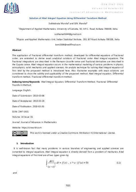 Pdf Solution Of Abel Integral Equation Using Differential Transform Method