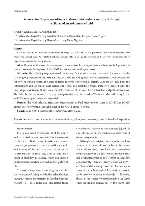 Pdf Remodelling The Protocol Of Lower Limb Constraint Induced Movement Therapy A Pilot