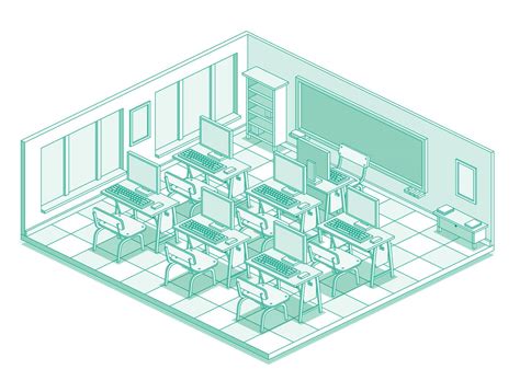 Isometric Empty Computer Classroom In School Outline Style With Green