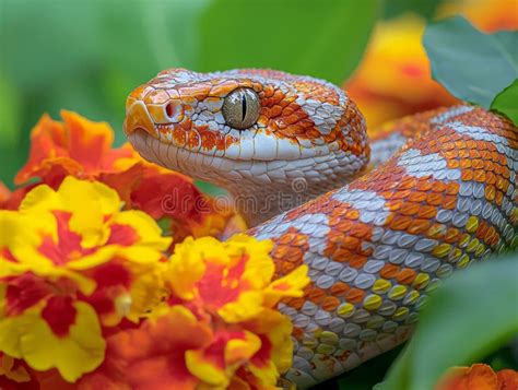 Snake Moves Gracefully Among Blooming Flowers Its Colorful Scales