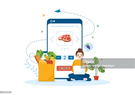 온라인 식료품 점 또는 슈퍼마켓은 플랫 만화 손으로 그린 템플릿 일러스트레이션에서 응용 프로그램을 통해 매일 필수품 또는 음식을