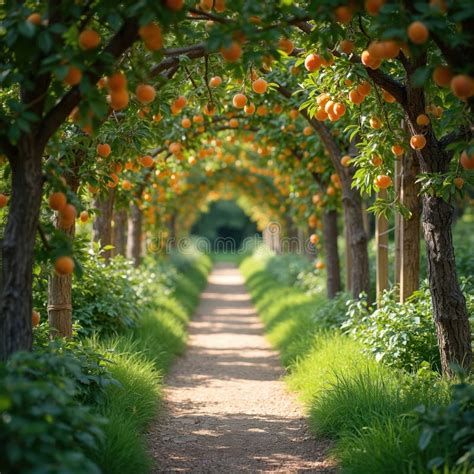 Fruit Trees Espaliered Along Garden Path Create Tunnel Effect Ripe