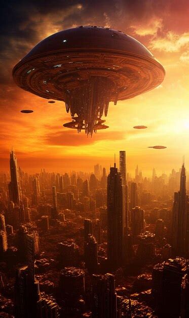 Premium Photo Futuristic Cityscape At Sunset Men Flying Spaceships Generative Ai