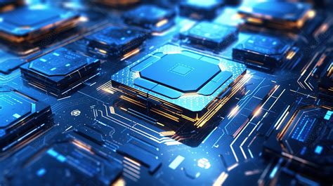 심도 효과를 갖춘 미래 지향적인 추상 칩 사각형 및 3d 렌더링 현대 기술 배경 프로세서 배경 디지털 기술 배경 이미지
