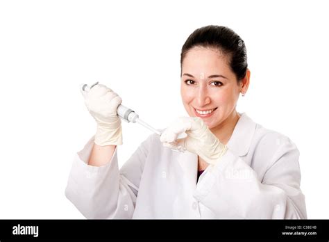 Attractive Female Laboratory Researcher Doing Medical Science Experiment Pipetting To Prepare