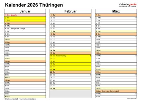 Kalender 2026 Thüringen 10 Pdf Vorlagen Ferien Feiertage
