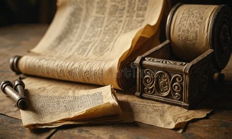 a scroll and a box of paper are on a table the scroll is on the left
