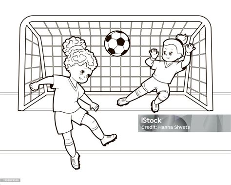 색칠 공부 십대 소녀는 목표에 축구 공을 치는 자신의 머리와 축구를 한다 만화 스타일의 벡터 일러스트레이션 고립된 흑백 라인 아트 축구에 대한 스톡 벡터 아트 및 기타