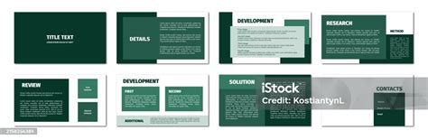 녹색 사각형 프리젠 테이션 템플릿입니다 평면 디자인 흰색 배경 8 슬라이드 제목 세부 사항 개발 연구 검토 솔루션 연락처 미끄러짐에 대한 스톡 벡터 아트 및 기타 이미지