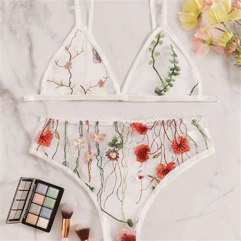 Sheer Mesh Floral Embroidery Sexy Lingerie Set Obeey