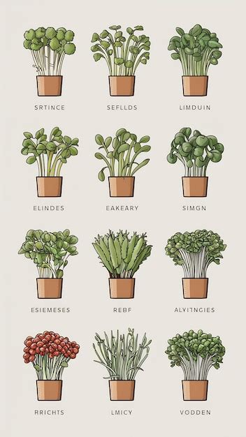 Microgreens Set With Signed Names Healthy Food Sprouts Cartoon Style Premium Ai Generated Image