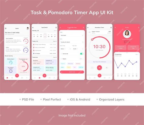 Premium Psd Task And Pomodoro Timer App Ui Kit