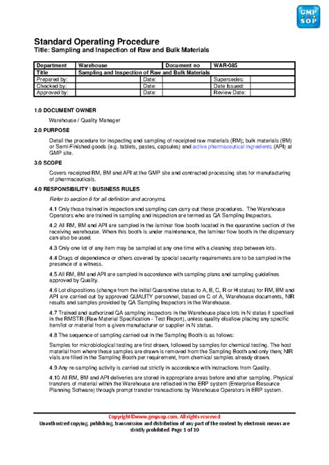 War 085 Sampling And Inspection Of Raw And Bulk Materials Sample