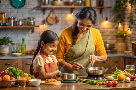 Modern Indian Mother And Daughter Sharing A Cooking Food In A Kitchen