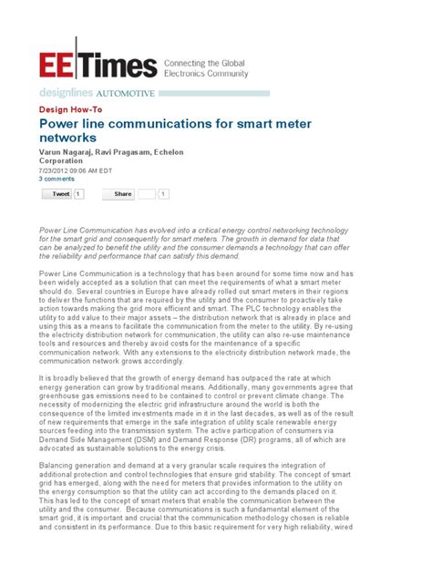 Power Line Communications For Smart Meter Networks Design How To Pdf Electrical Grid