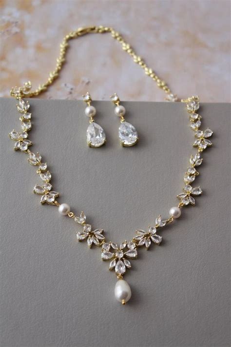 Gold Pearl Drop Bridal Necklace And Earring Set Wedding Jewelry