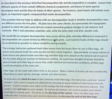 As Described In The Previous Simutext Decomposition Lab Leaf Decomposition Is Complex Leaves
