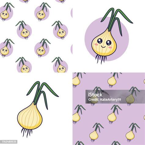 귀여운 카와이 양파 무늬 세트입니다 양파의 만화 아이콘 그림입니다 어니언 패턴 컬렉션 0명에 대한 스톡 벡터 아트 및 기타
