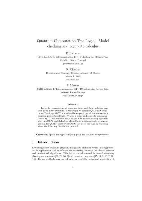 Pdf Quantum Computation Tree Logic — Model Checking And Complete Calculus