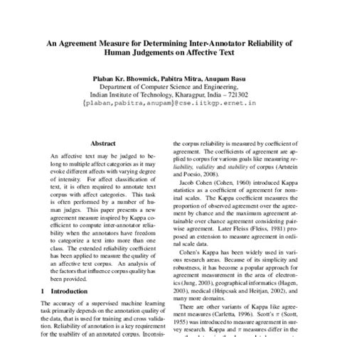 An Agreement Measure For Determining Inter Annotator Reliability Of Human Judgements On