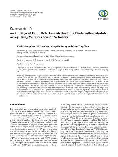 Pdf An Intelligent Fault Detection Method Of A Photovoltaic Module Array Using Wireless Sensor