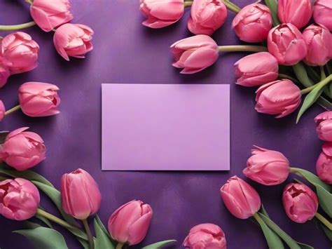 Premium Photo Top View Emty Card Mockup With Pink Tulips Flowers In