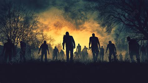 Zombie Horde Emerging From Misty Cemetery At Dusk Background Zombie