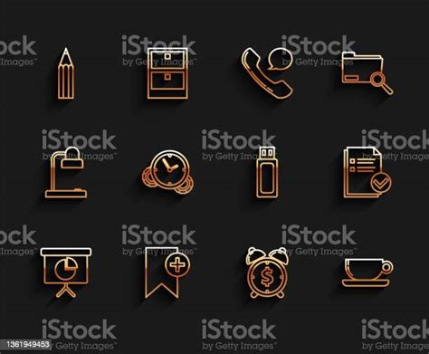 그래프 파이 그래프 북마크 연필 알람 시계 달러 기호 커피 컵 플랫 시간 관리 문서 및 확인 및 Usb 플래시 드라이브 아이콘라인 프리젠 테이션 금융 보드를 설정합니다 벡터