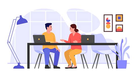 코워킹의 벡터 그림입니다 남자와 여자가 앉아 흰색 배경에 대한 작업에 대해 토론하는 만화 장면 개념에 대한 스톡 벡터 아트 및