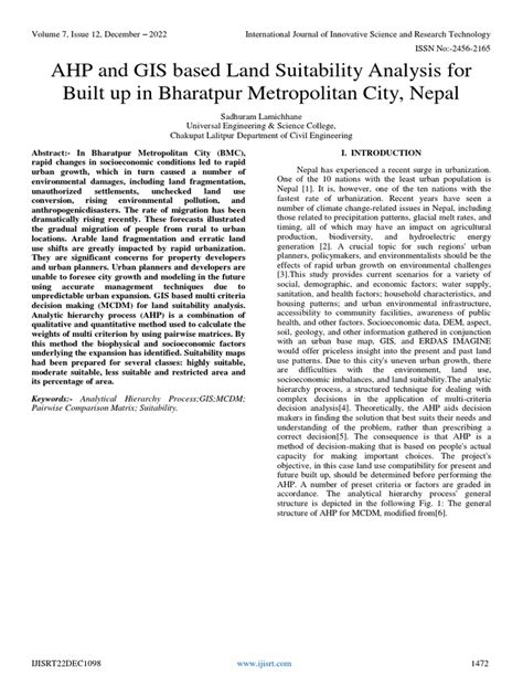 Ahp And Gis Based Land Suitability Analysis For Built Up In Bharatpur