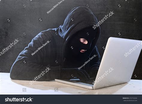 Hacker Man Black Hood Mask Computer Stock Photo Shutterstock