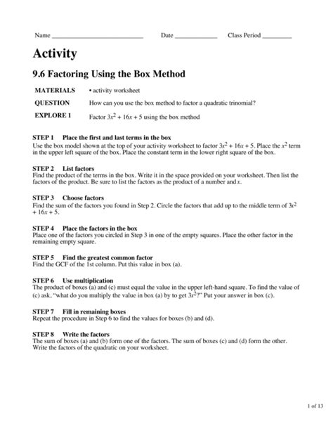 Factoring Quadratics Box Method Worksheet