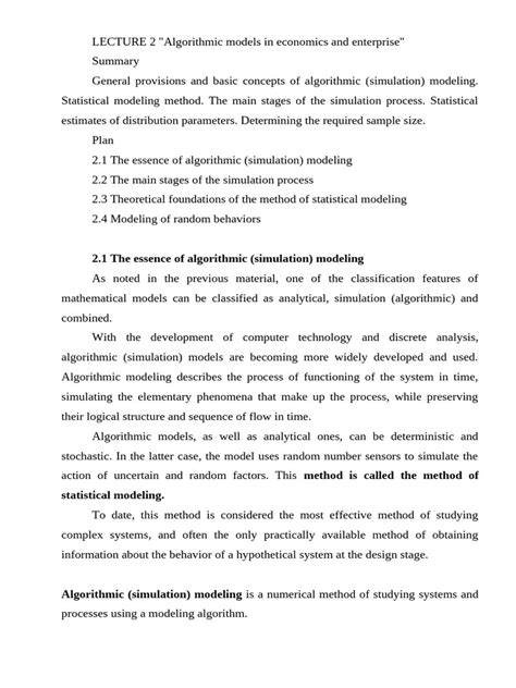 Lecture 2 Algorithmic Models In Economics And Enterprise Pdf
