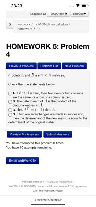 solved 1 point a and b are n×n matrices check the true